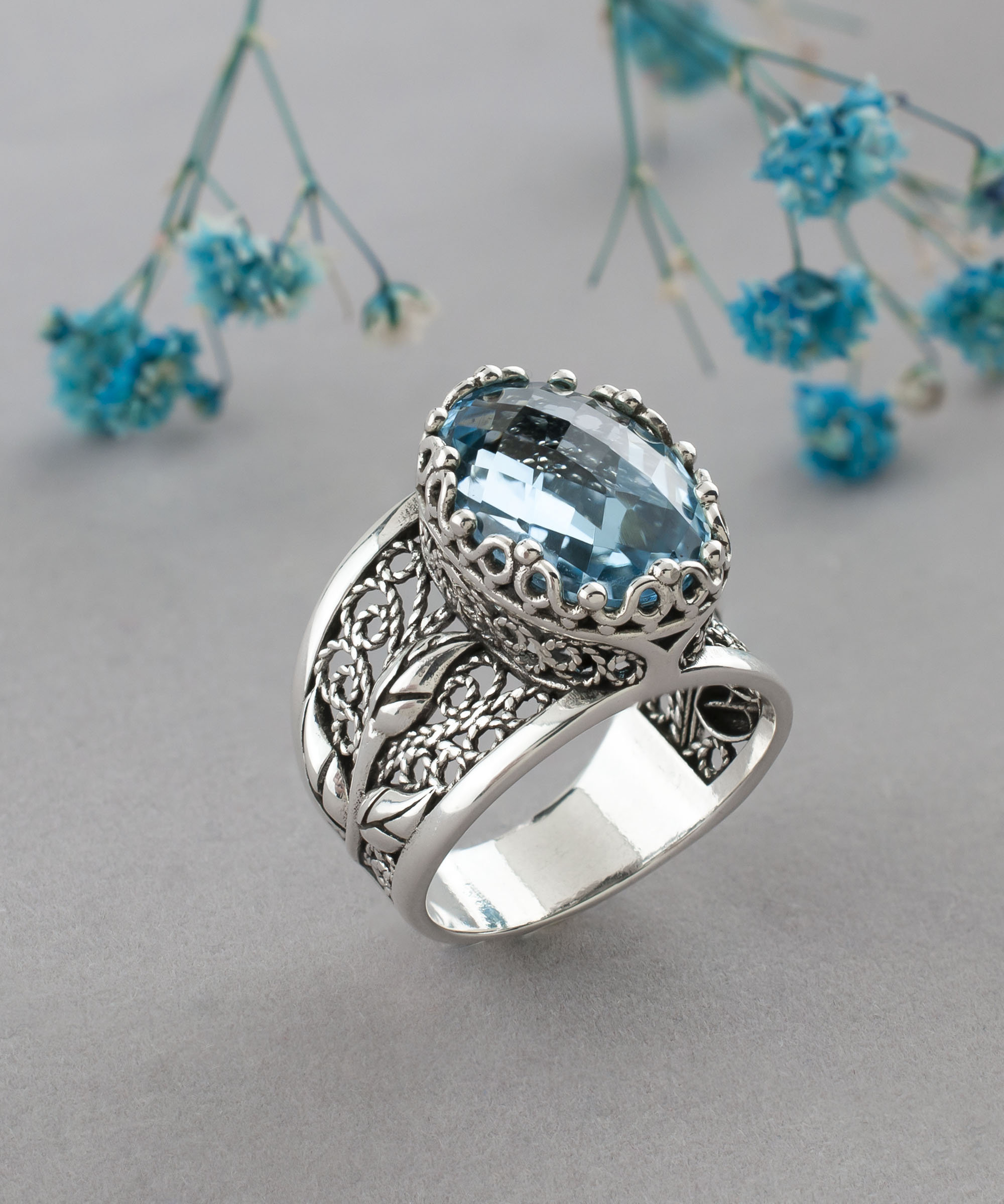 Handmade Silver Blue Topaz Boho Unique Ring Women, 925 Sterling Bold Cocktail Ring, Vintage ...