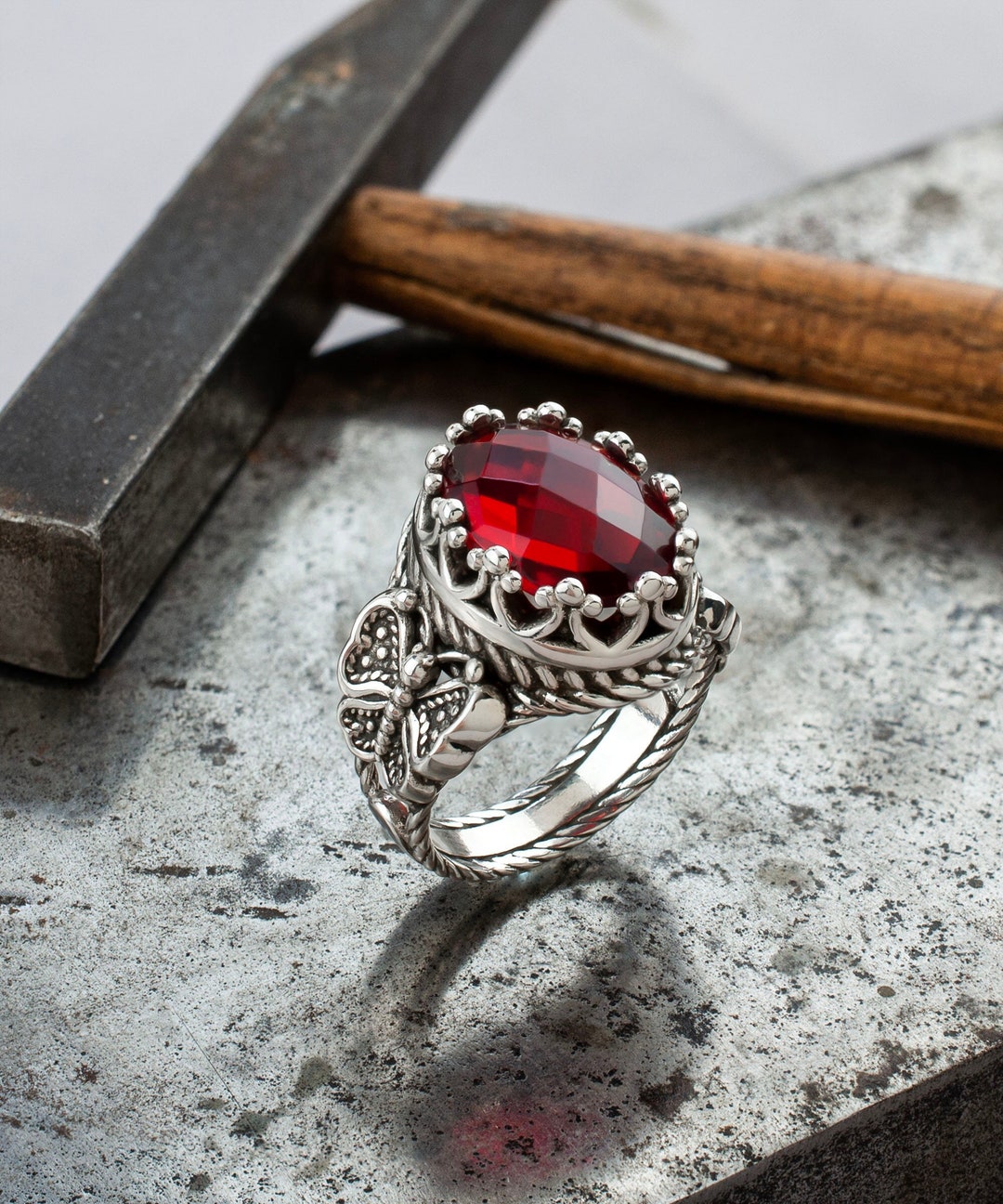 Silver Red Ruby Gothic Goth Women Moth Ring, 925 Sterling Vintage Red ...