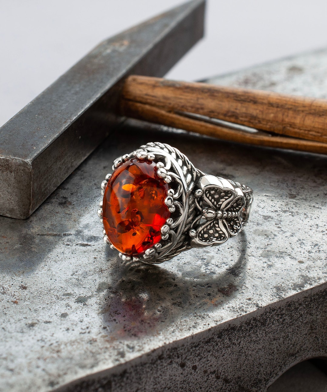 Silver Natural Amber Butterfly Filigree Ring, 925 Sterling Silver ...