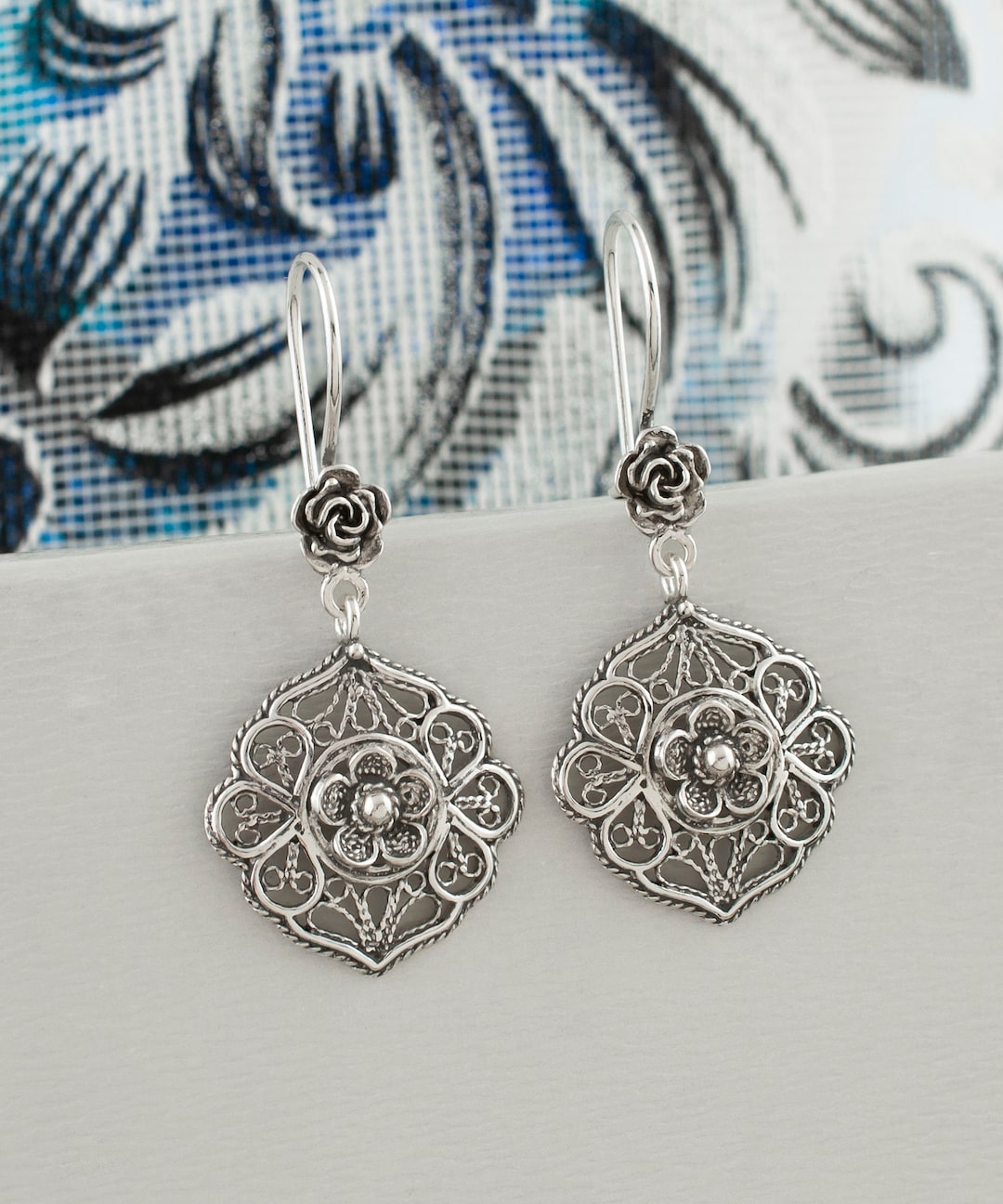 Handmade Silver Filigree Daisy Flower Drop Earrings, 925 Sterling ...