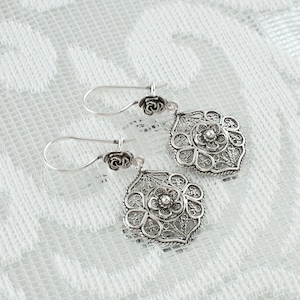 Handmade Silver Filigree Daisy Flower Drop Earrings, 925 Sterling ...