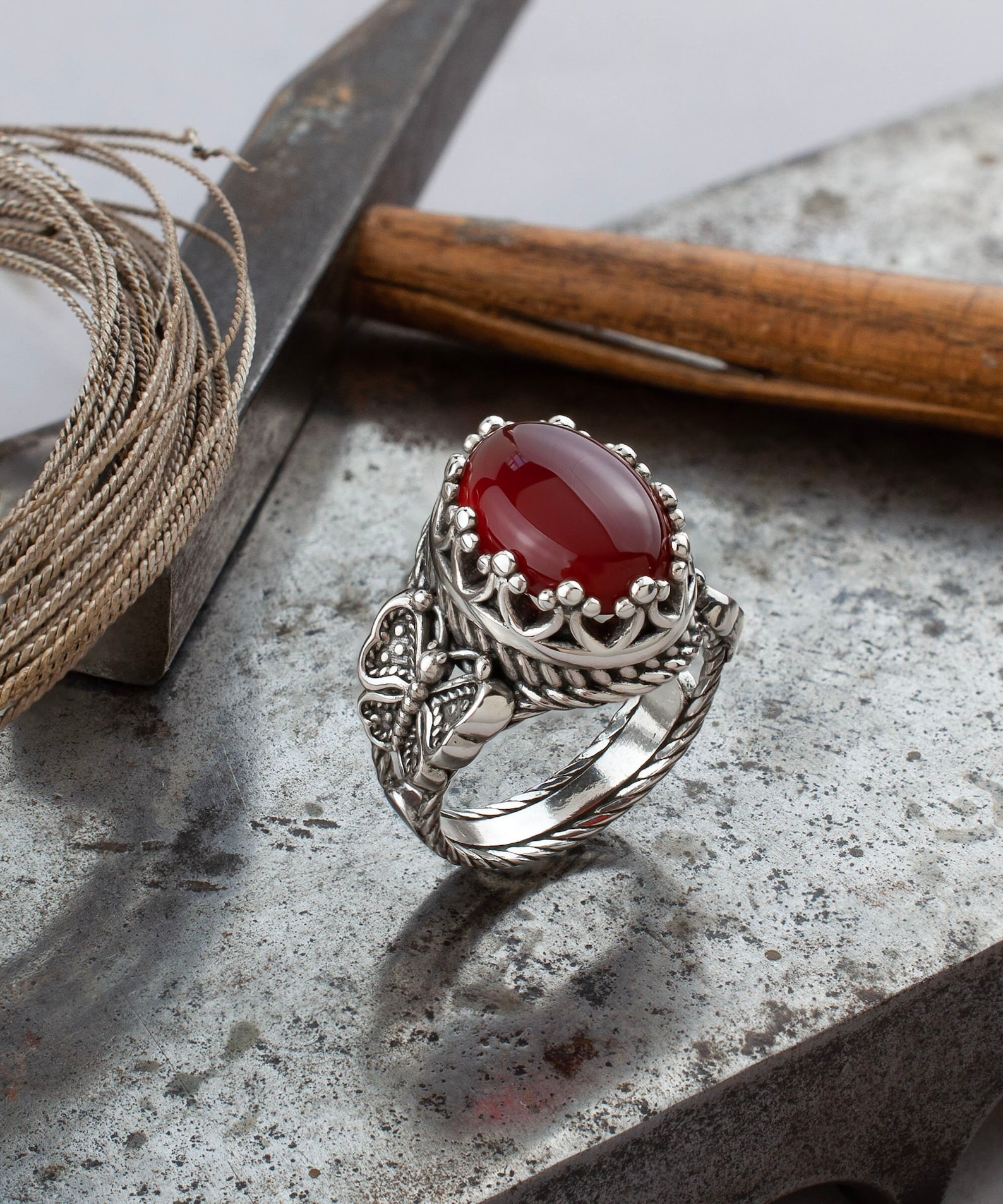 Silver Red Carnelian Spotted Butterfly Ring, 925 Sterling Vintage ...