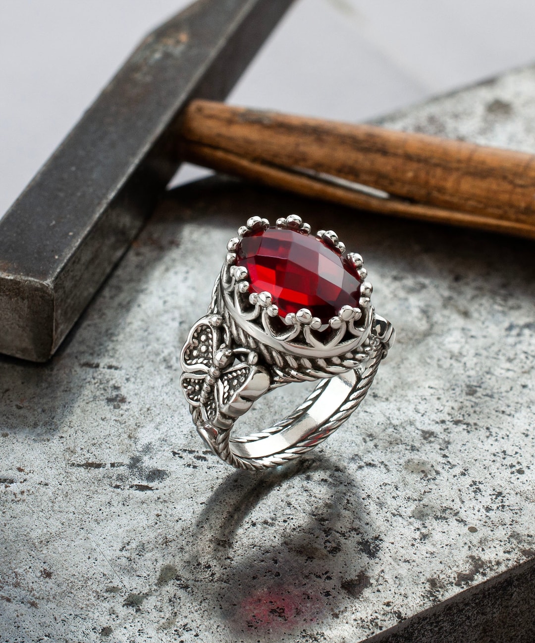 Silver Ruby Butterfly Moth Gothic Women Ring, 925 Sterling Vintage ...