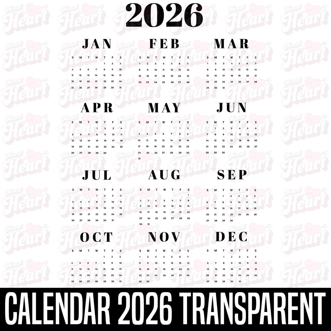 2026 Calendar PNG, Transparent Background, Sunday Start (digital ...