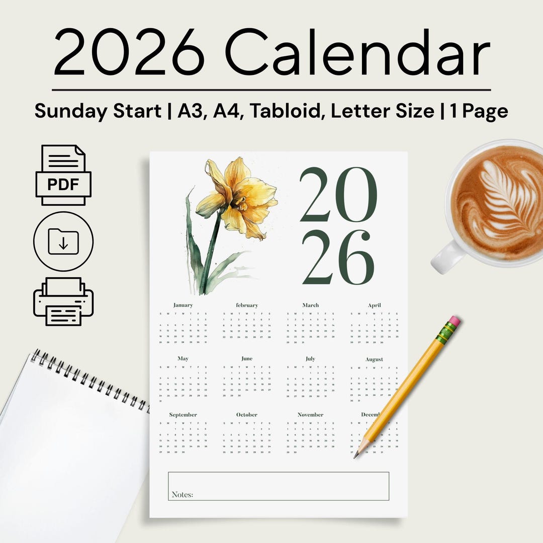2026 Calendar Printable, One Page Planner, Sunday Start (PDF) - Etsy
