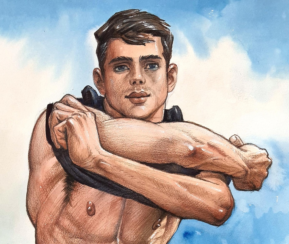 Guy Taking off His Shirt, 24 * 19 in Original Painting, Color Pencils ...