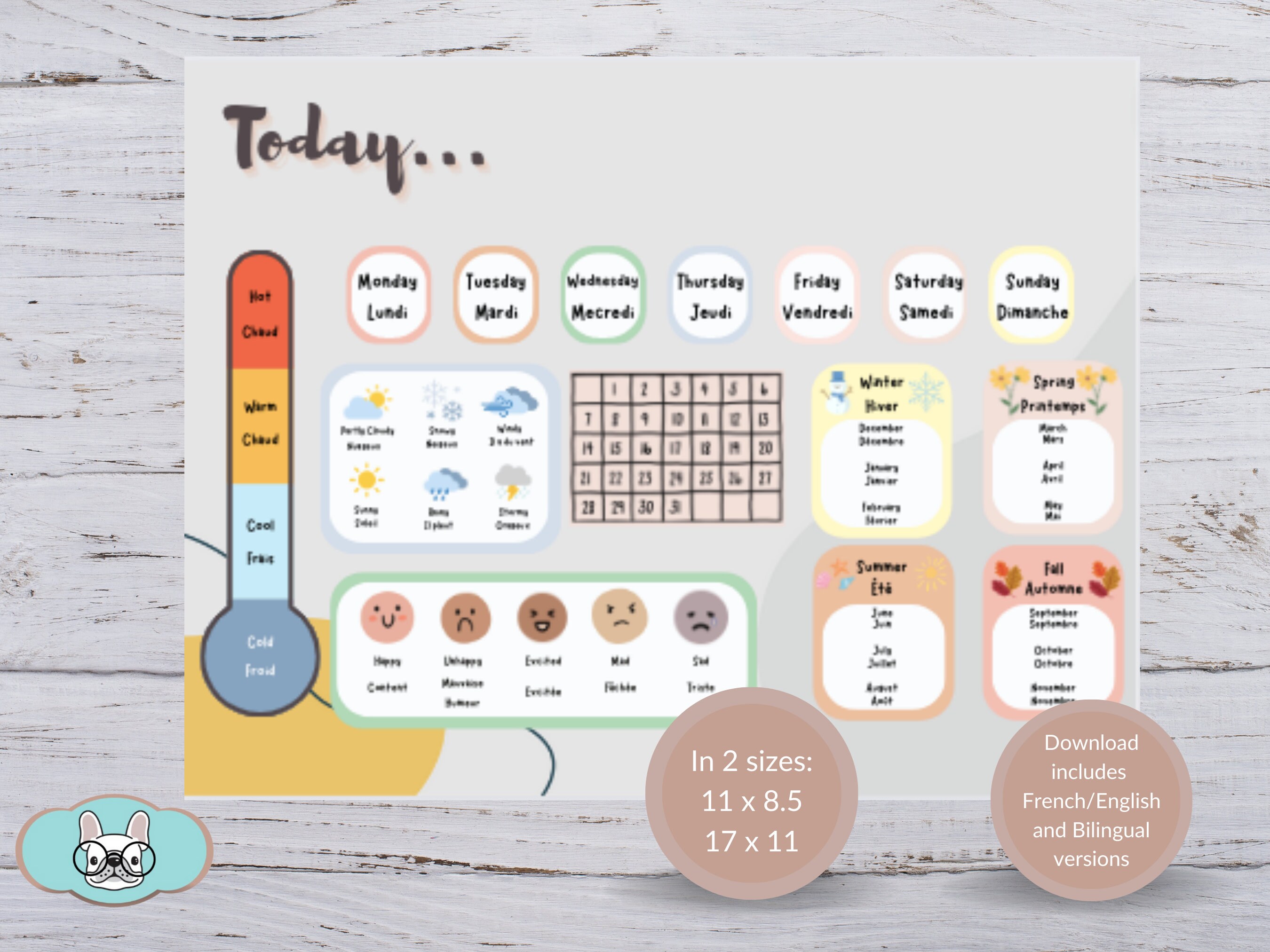 PRINTABLE English/french Daily Calendar Activity Mat | Daily Morning ...