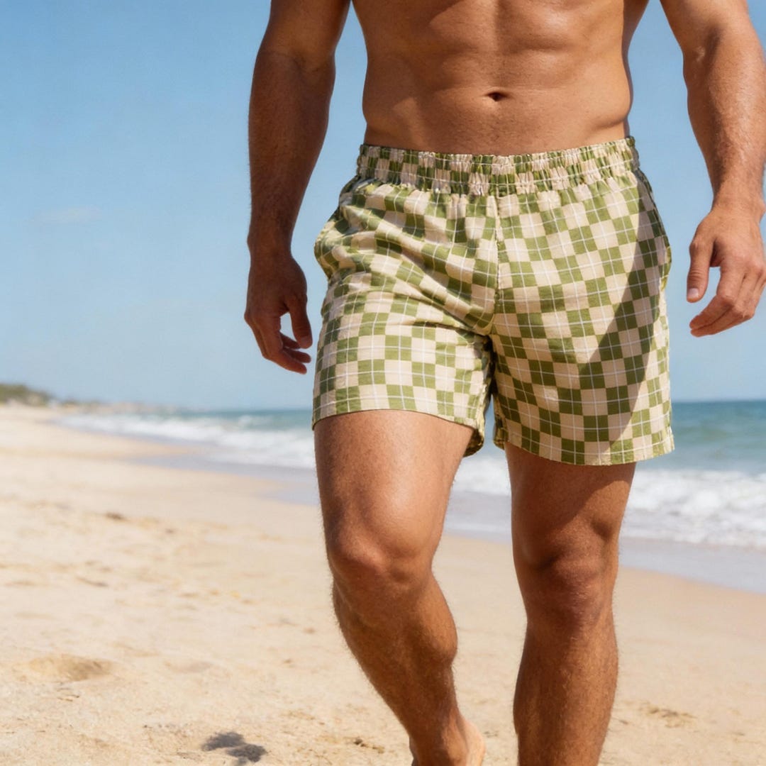 Men’s Plaid Swim Trunks – Green, Sand & Cream Bold Beach Shorts for ...