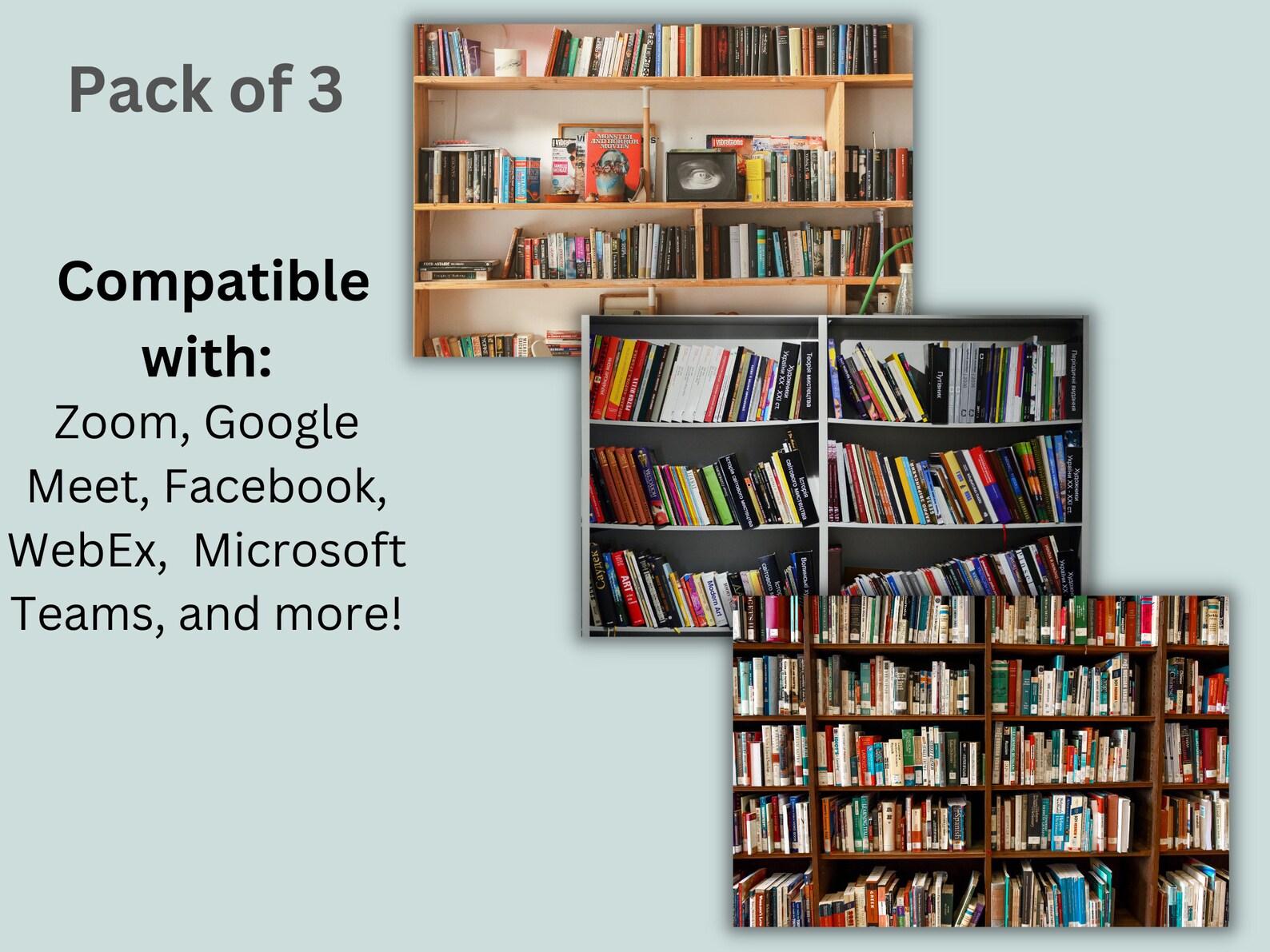Zoom Bookshelf Virtual Background, Zoom Wallpaper, 3 Pack Virtual ...