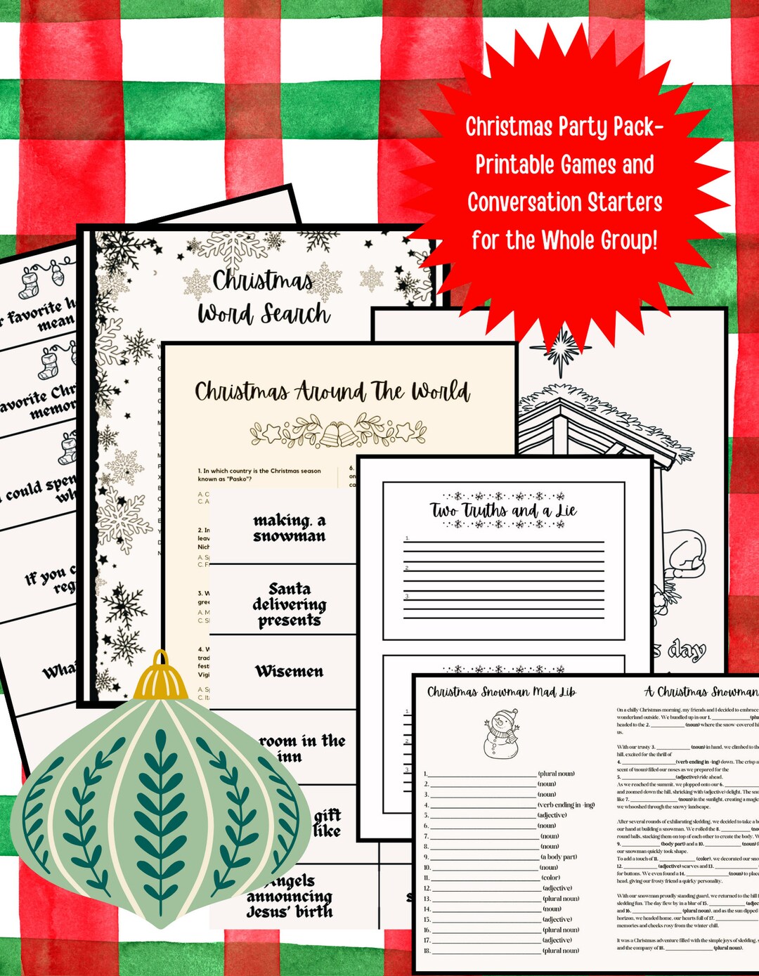 Christmas Game Party Pack- Mad Libs, Conversation Starter Cards ...