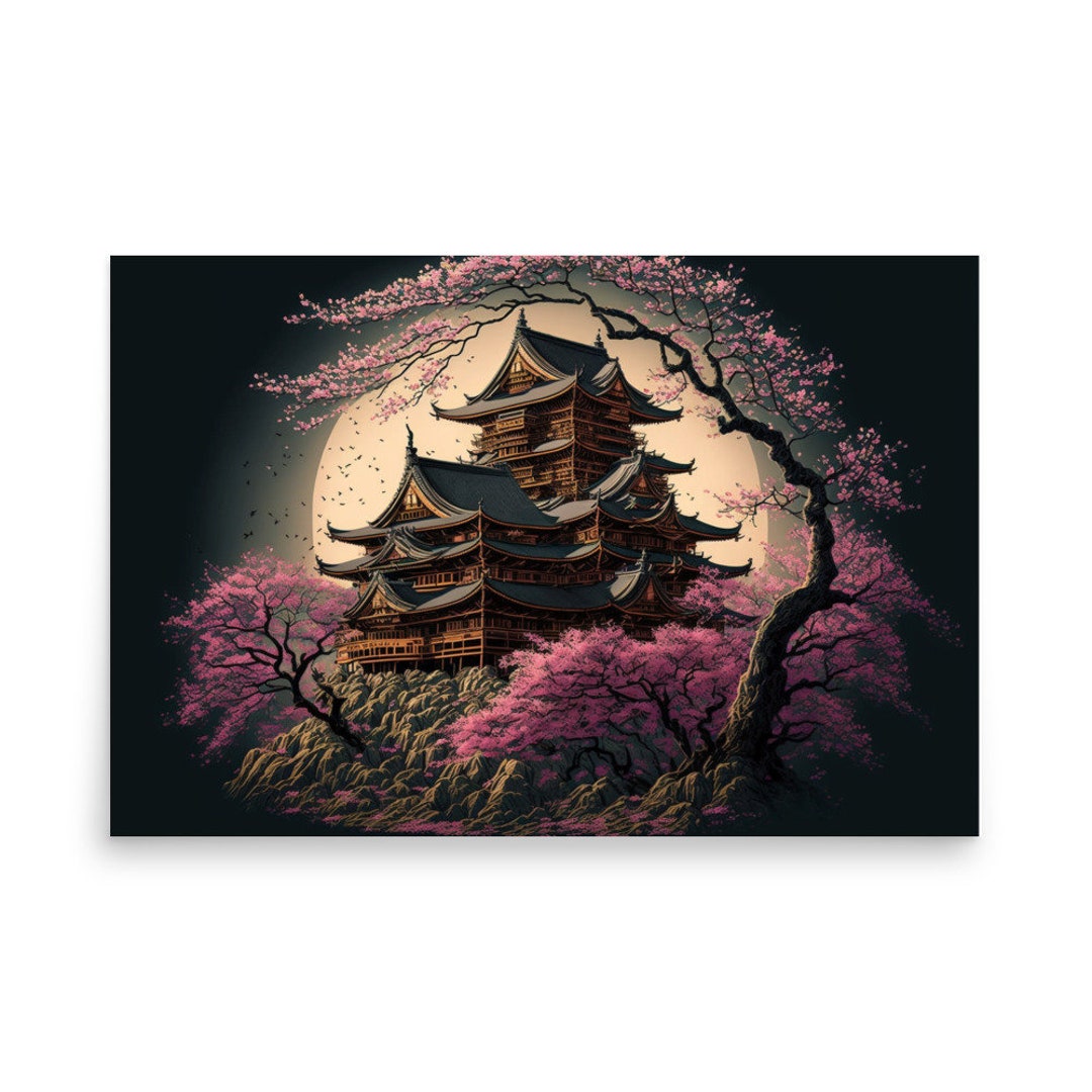 Japanese Castle at Night Print Poster, Jō, Wall Art, Sakura Cherry ...