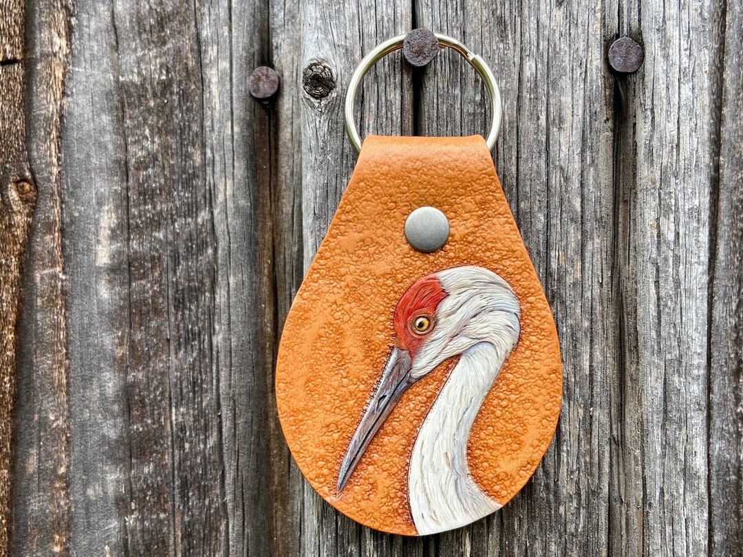 Sandhill Crane Keychain, Hand Tooled and Hand Painted Leather Art ...