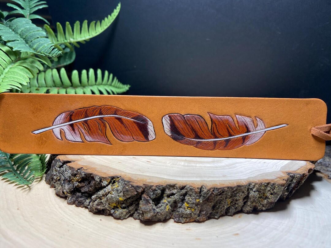 Red Tailed Hawk Feather Leather Bookmark, Hand Tooled and Painted ...
