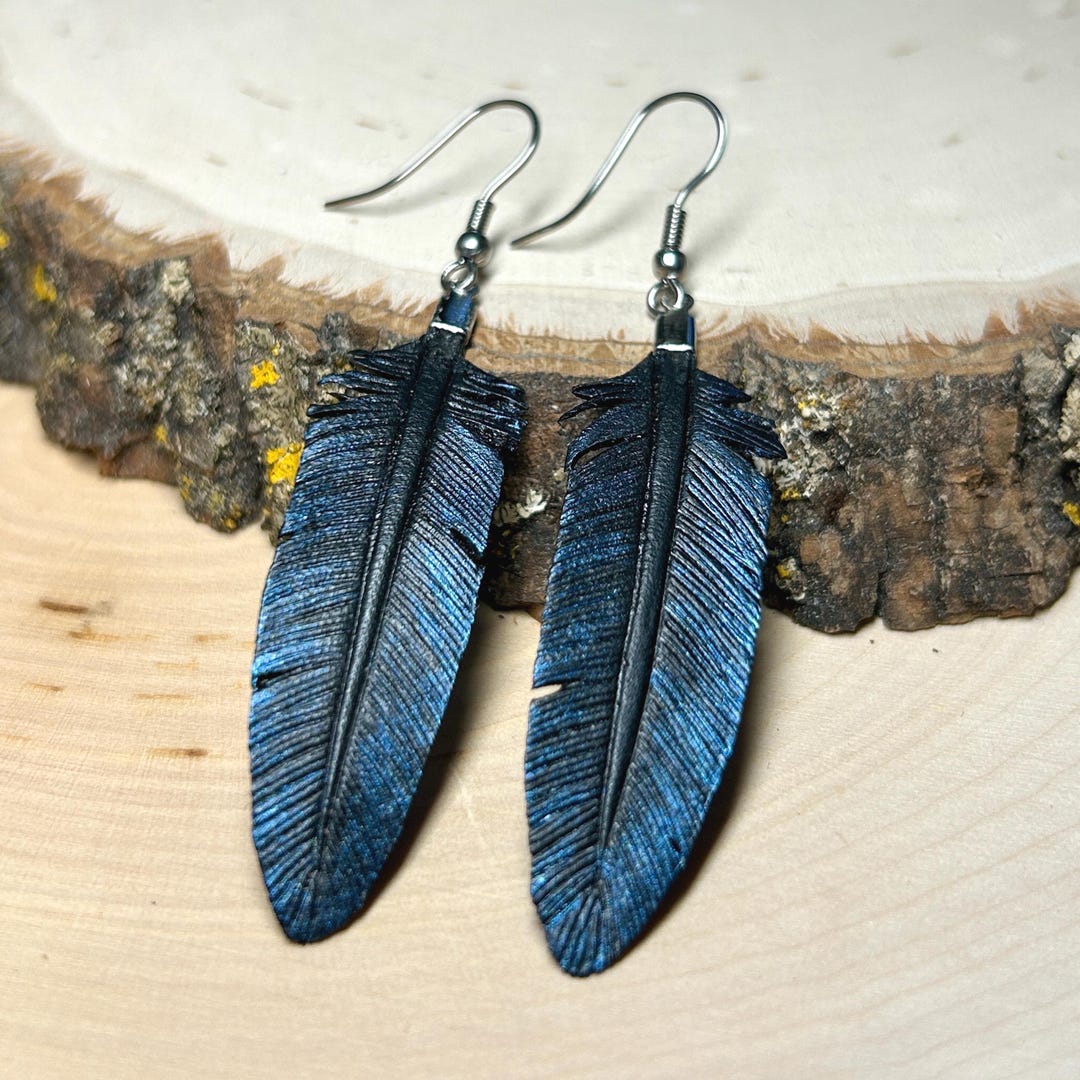 Iridescent Raven Feather Earrings | Boho Leather Jewelry, Crow Feather ...
