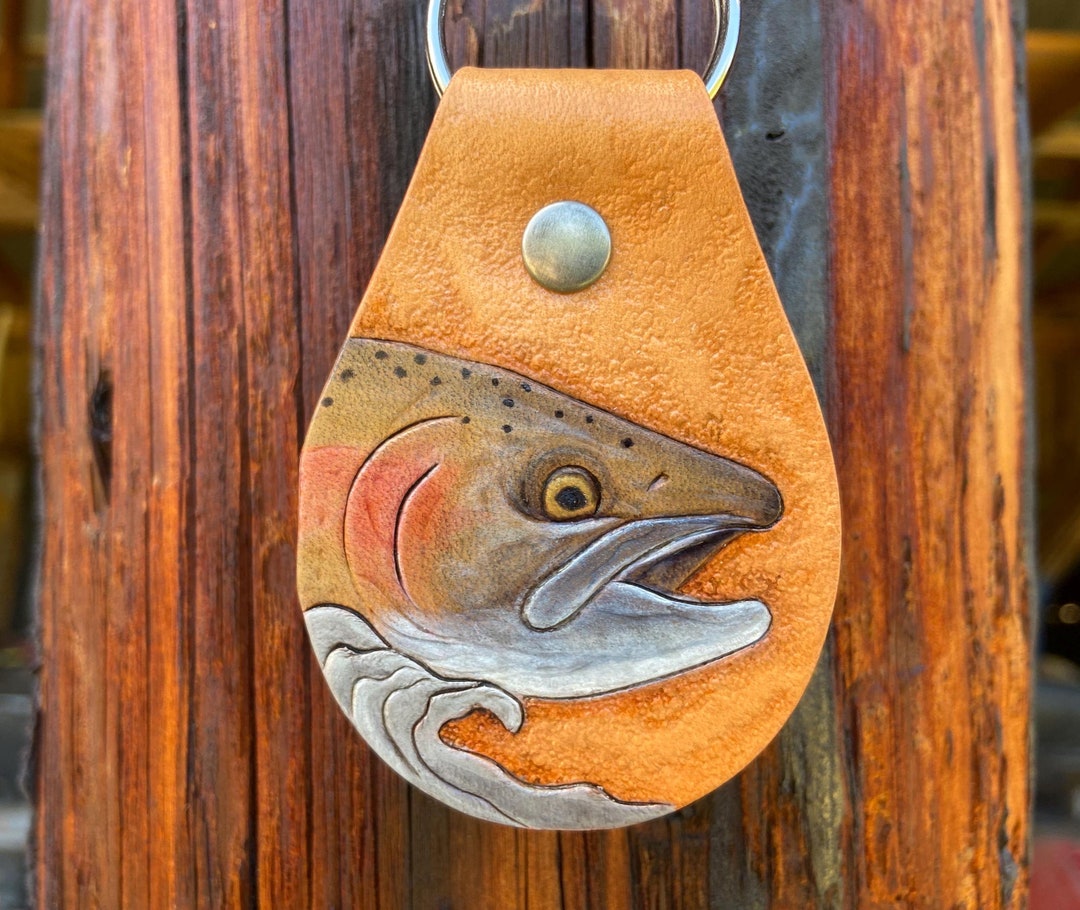 Rainbow Trout Leather Keychain, Hand Tooled & Painted Fish, Steelhead ...
