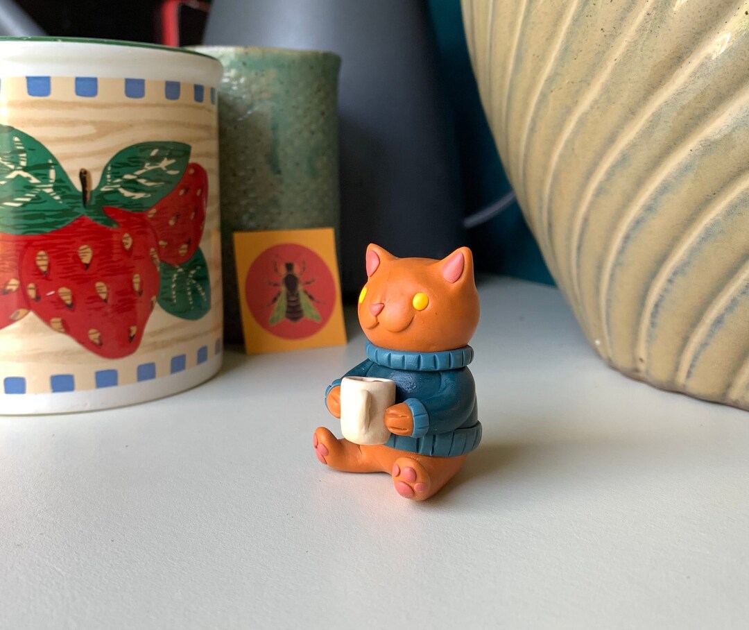 Cozy Coffee Cat Desk Buddy, Handmade Polymer Clay Cat Figurine, Sweater ...