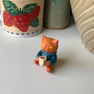 Cozy Coffee Cat Desk Buddy, Handmade Polymer Clay Cat Figurine, Sweater ...