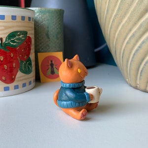 Cozy Coffee Cat Desk Buddy, Handmade Polymer Clay Cat Figurine, Sweater ...
