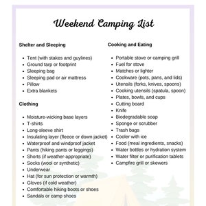 Weekend Camping Essentials Pack Packing List Camp Meal Planner Outdoor ...
