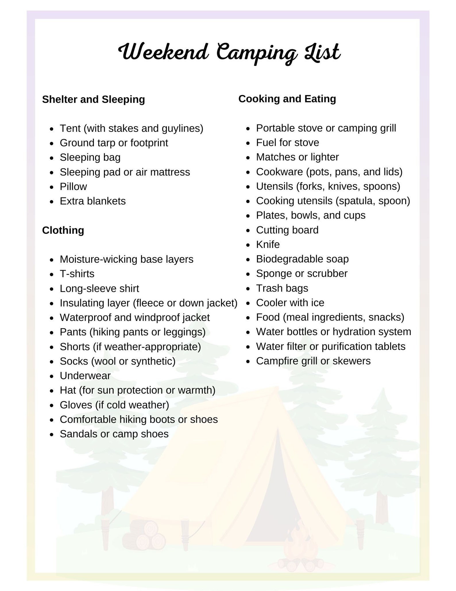 Weekend Camping Essentials Pack Packing List Camp Meal Planner Outdoor ...
