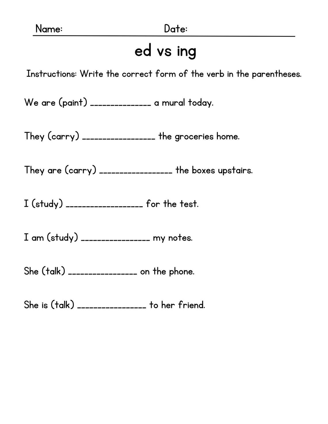 Ed Vs Ing Worksheets - Etsy