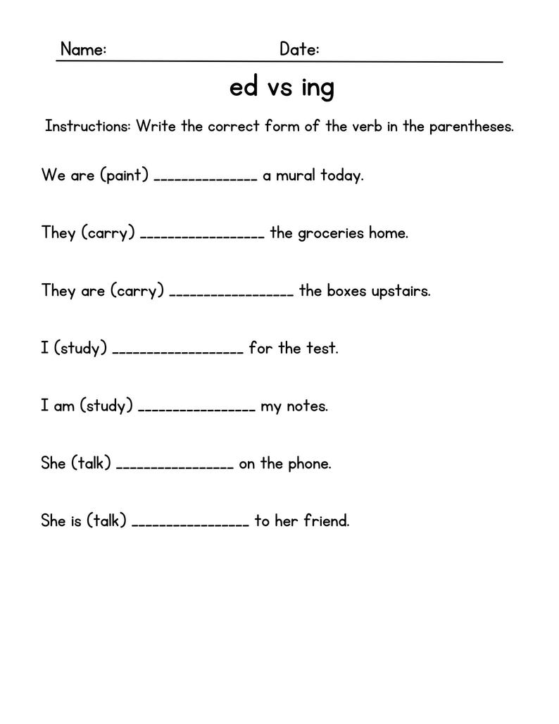 Ed Vs Ing Worksheets - Etsy