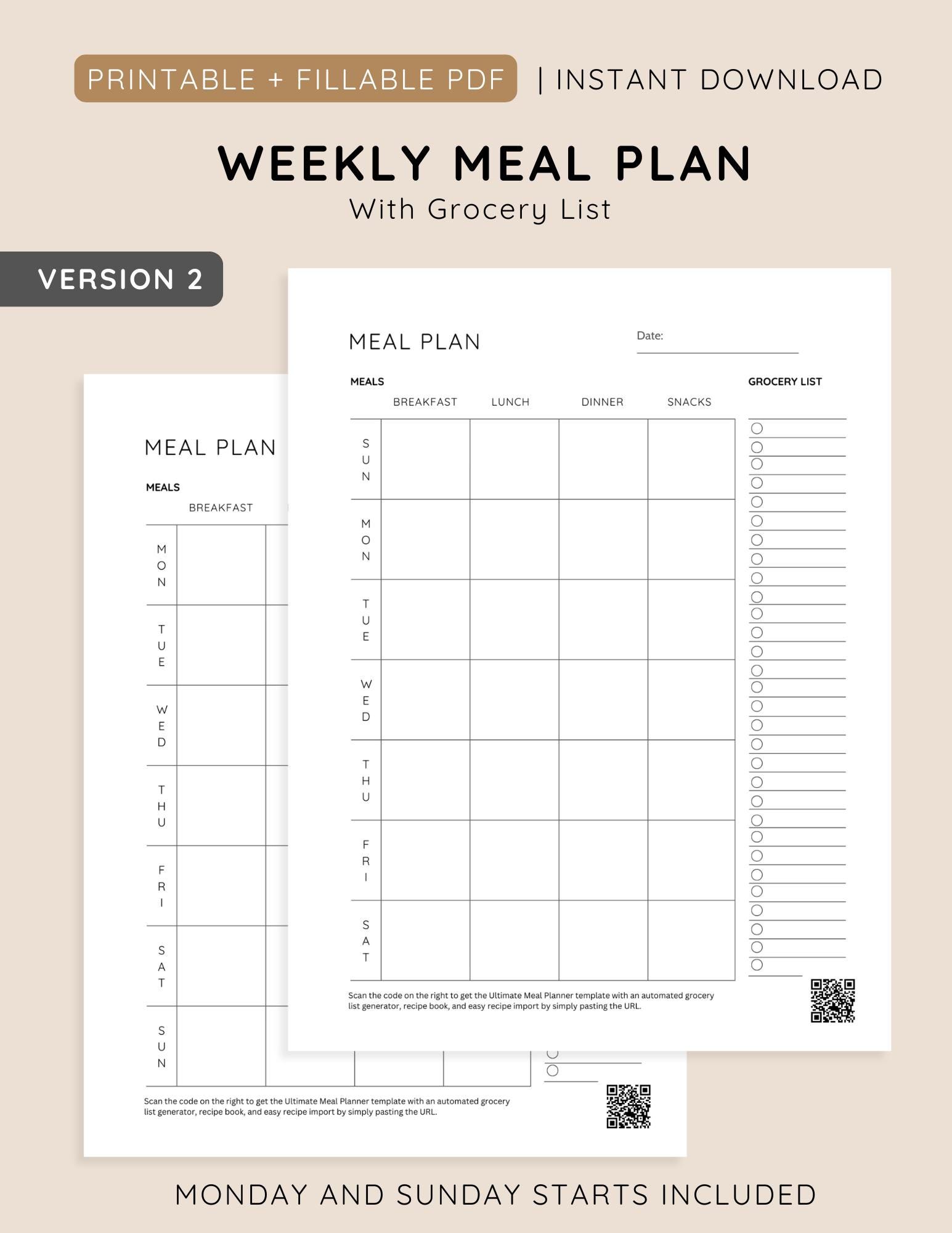 Weekly Meal Planner Printable Template With Grocery List in a Table ...