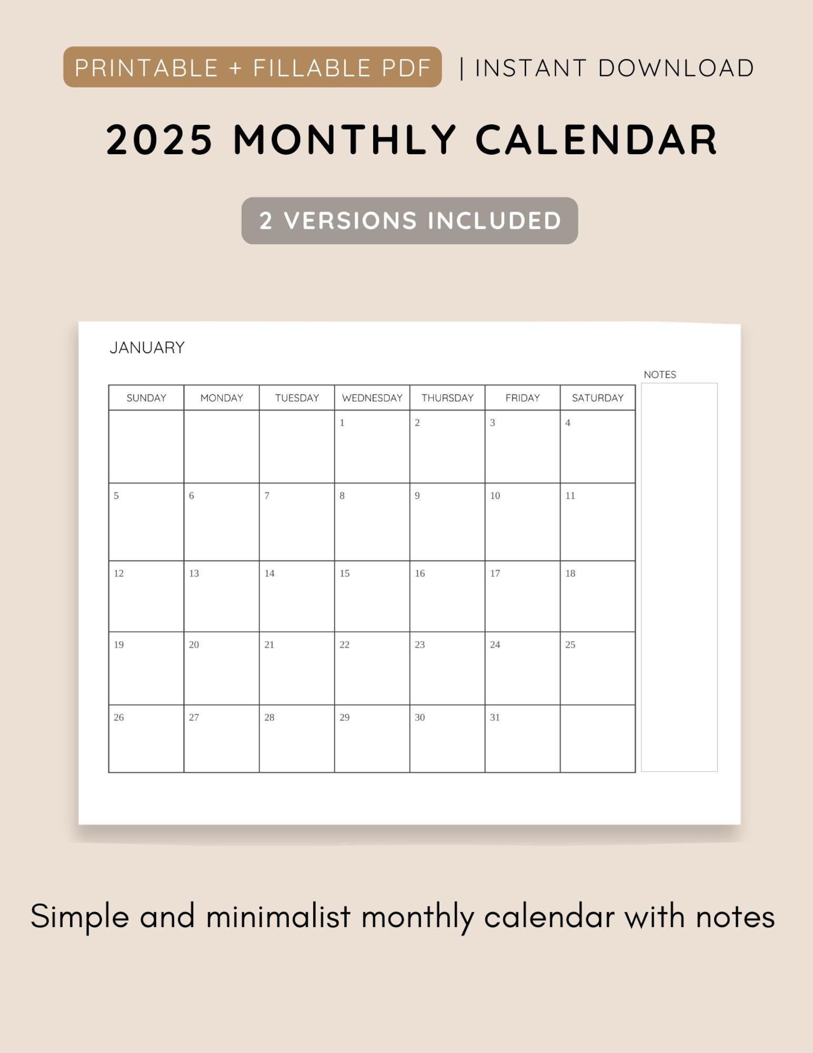2025 Monthly Calendar Printable and Fillable PDF, Landscape Format ...