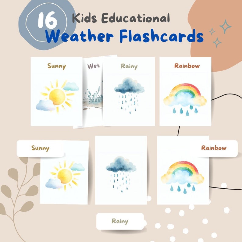 Watercolor Weather Flashcards for Kids - Set of 16 Educational Cards - Etsy