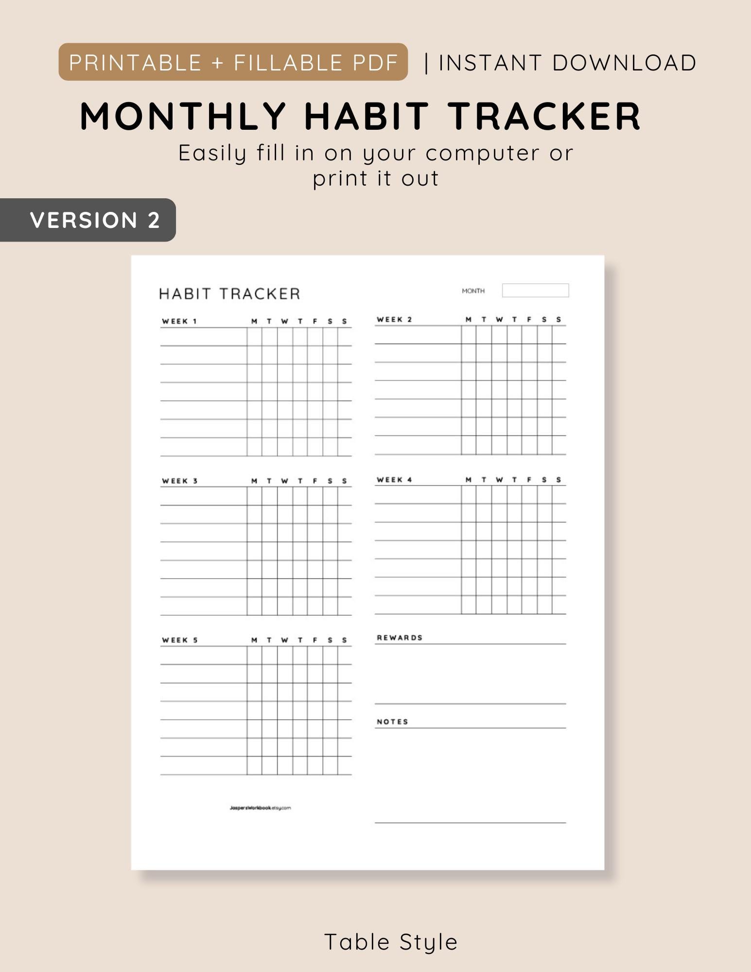 Monthly Habit Tracker Printable Portrait, Fillable PDF, Habit Tracker ...