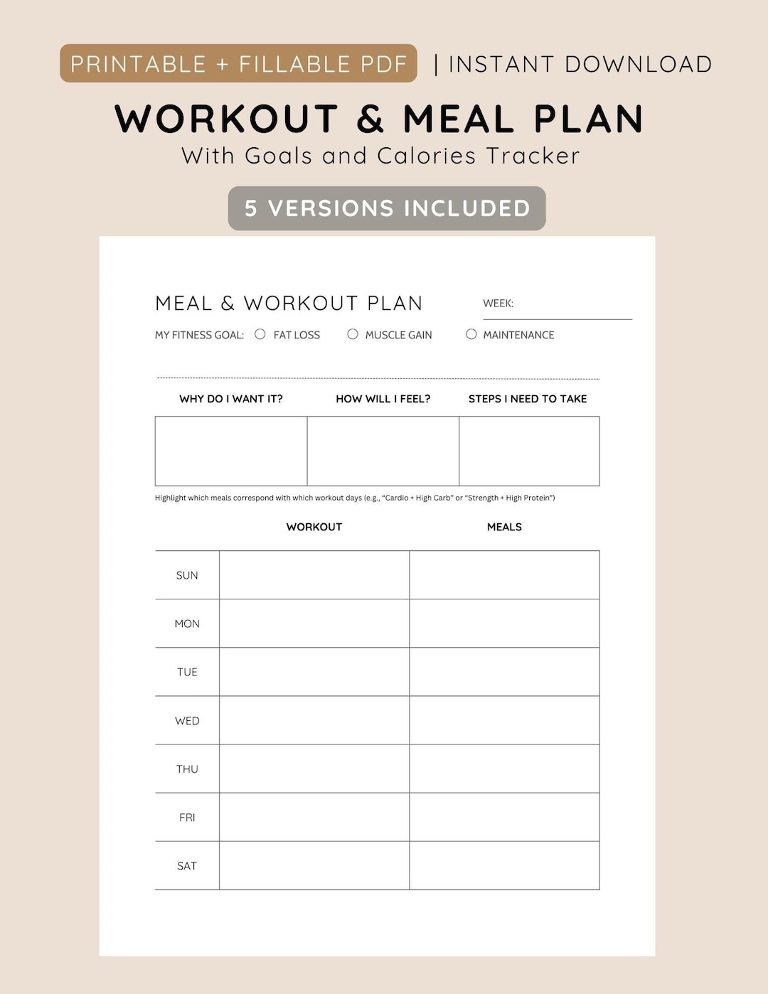 Workout & Meal Planner Template Tracker – Fitness and Nutrition Digital ...