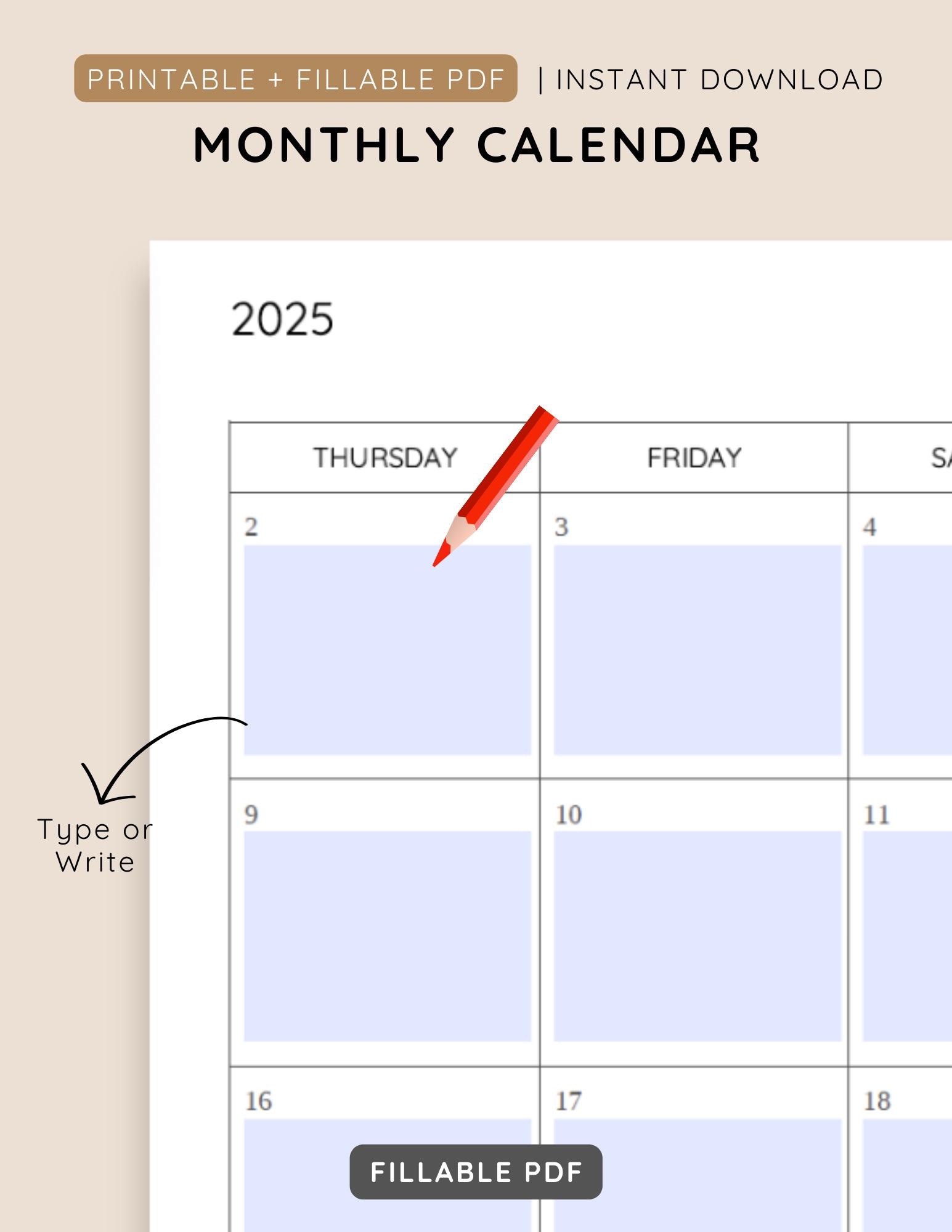 2025 Two-page Monthly Calendar Printable and Fillable PDF, Portrait ...