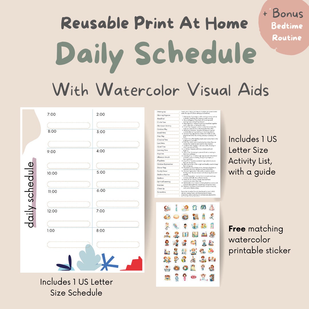 Printable Kids Daily Schedule With Watercolor Illustrations ...