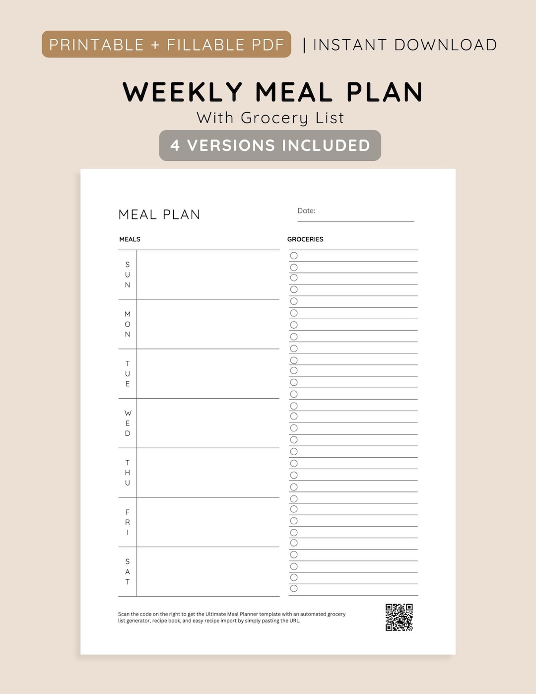 Weekly Meal Planner Printable Template With Grocery List, 7-day Menu ...
