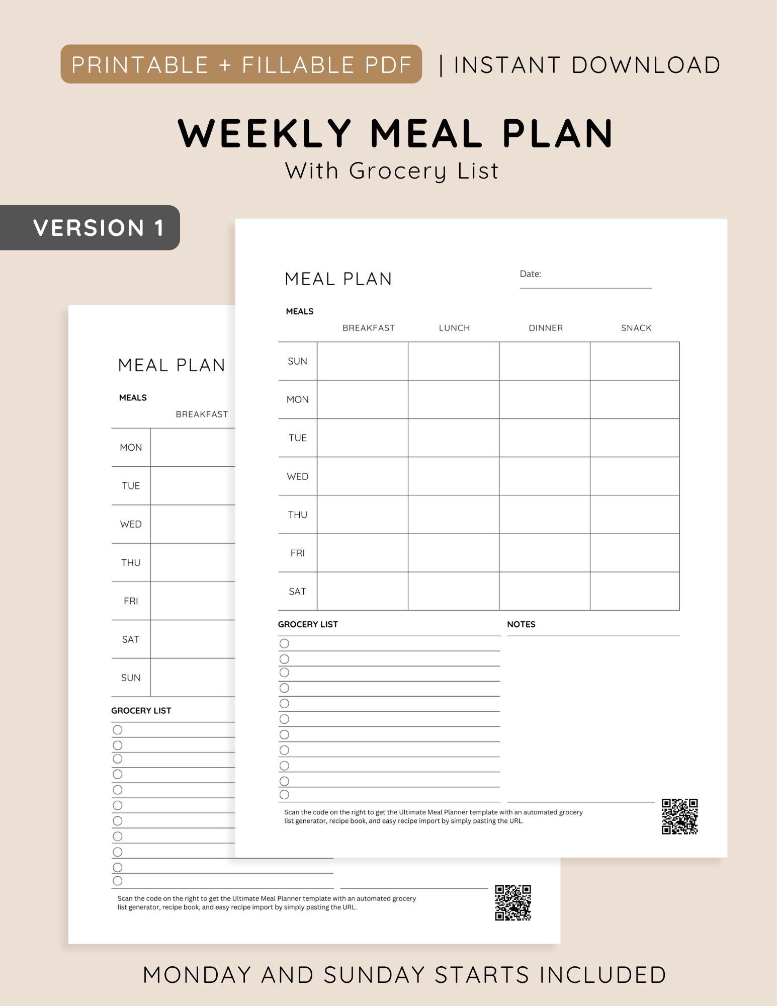 Weekly Meal Planner Printable Template With Grocery List in a Table ...