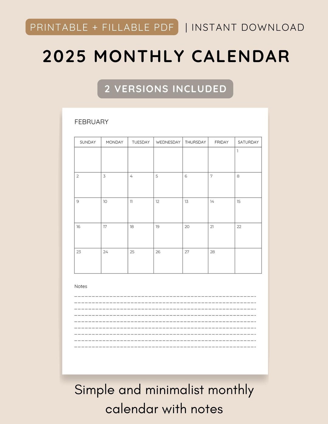 2025 Monthly Calendar Printable and Fillable PDF, Portrait Format, Year ...