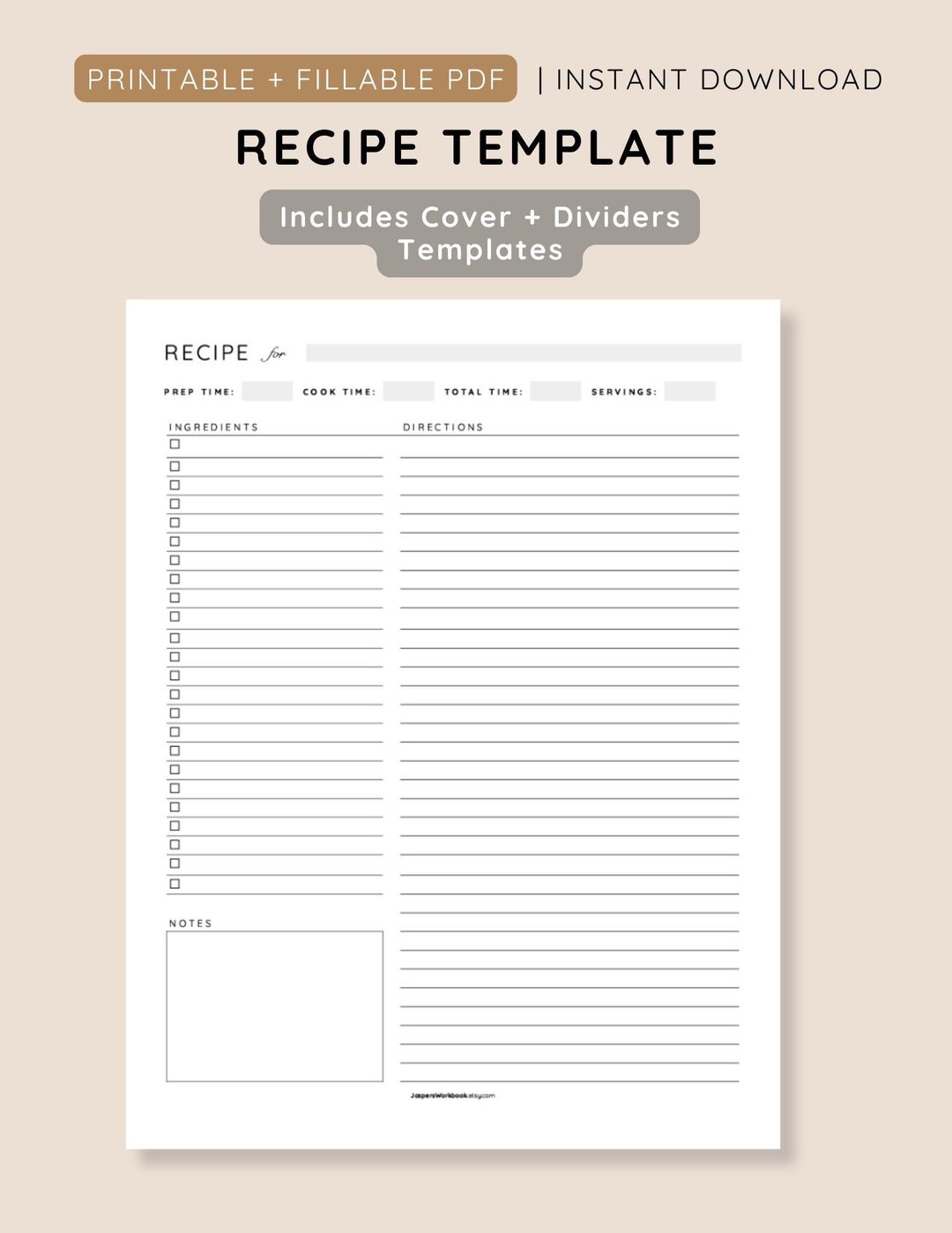Recipe Template, Recipe Book, Blank Recipe Page, Recipe Card, Home Cook ...