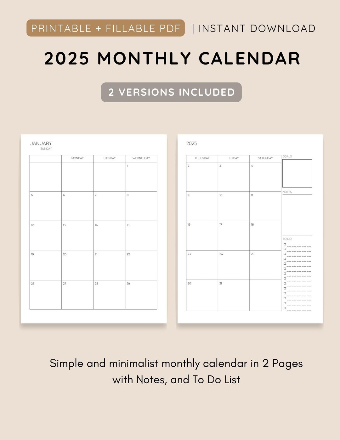 2025 Two-page Monthly Calendar Printable and Fillable PDF, Portrait ...