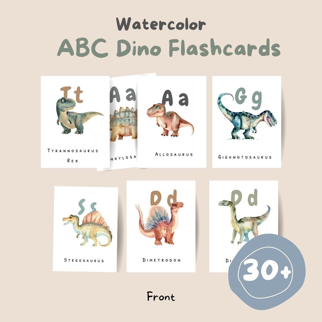 Cute Watercolor Dinosaurs ABC Flash Cards + Free Dinosaur Coloring Book ...