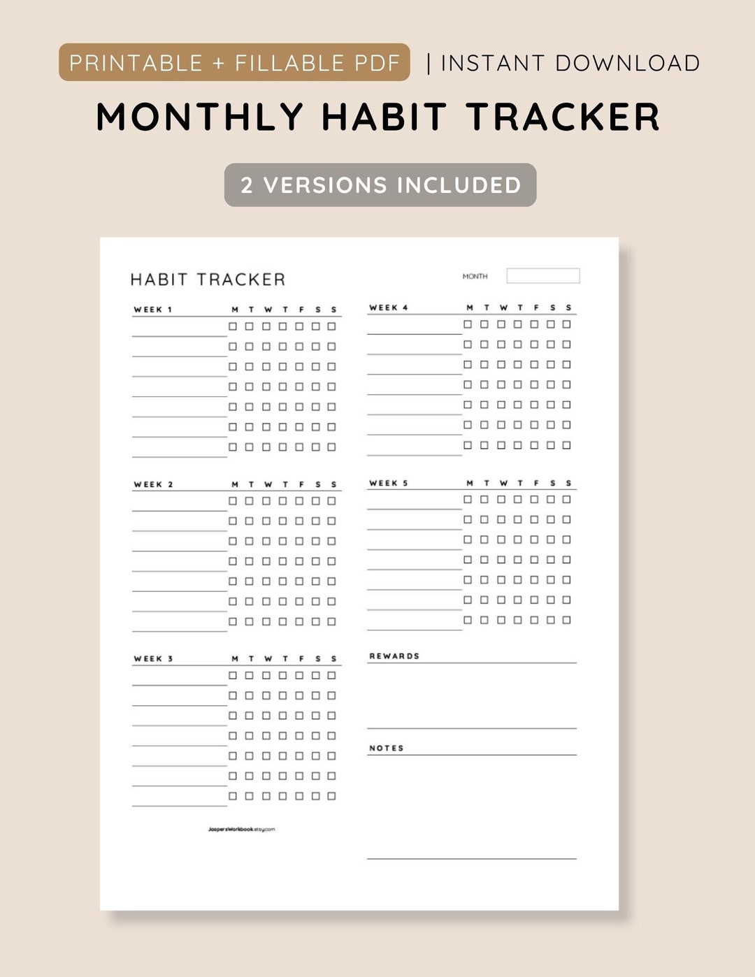 Monthly Habit Tracker Printable Portrait, Fillable PDF, Habit Tracker ...