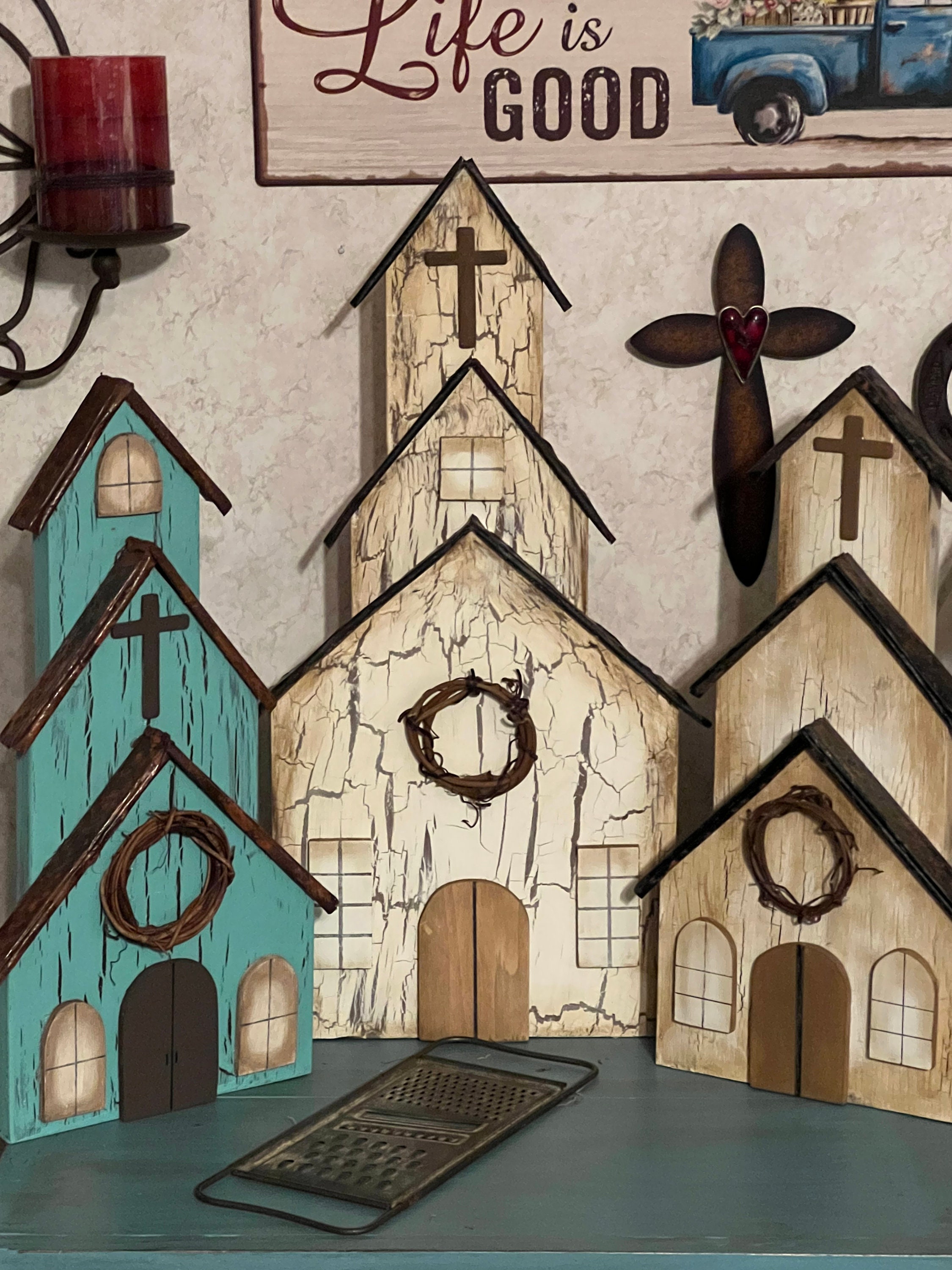 Handmade Wood Church, Rustic Country Church, Three Tier Crackled Wood ...