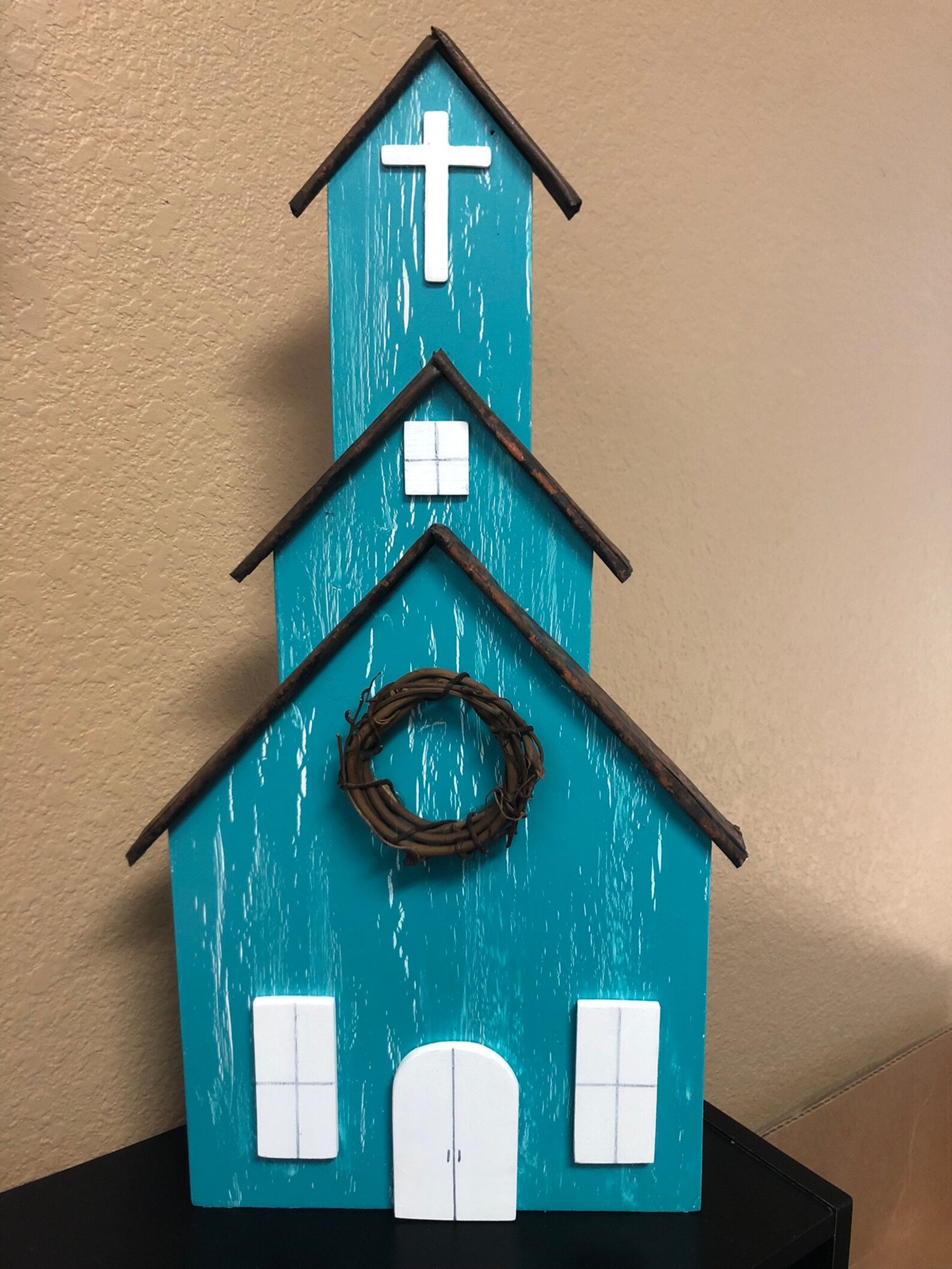 Handmade Wood Church, Rustic Country Church, Three Tier Crackled Wood ...