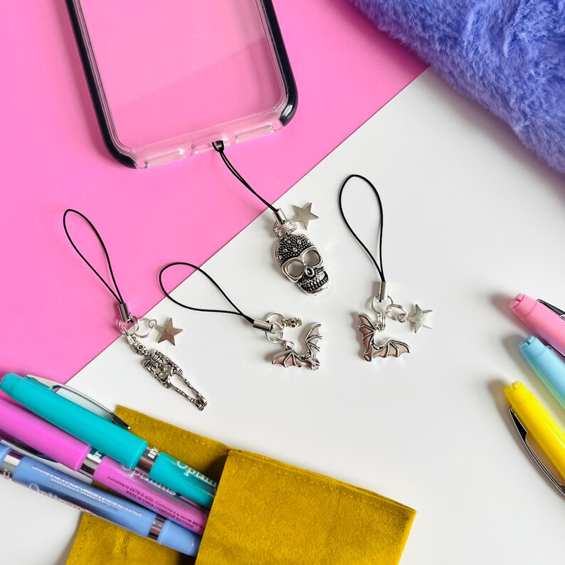 Cellphone Charm GOTH GIRL CUTE Skull, Skeleton and Bat Charms for Phone ...
