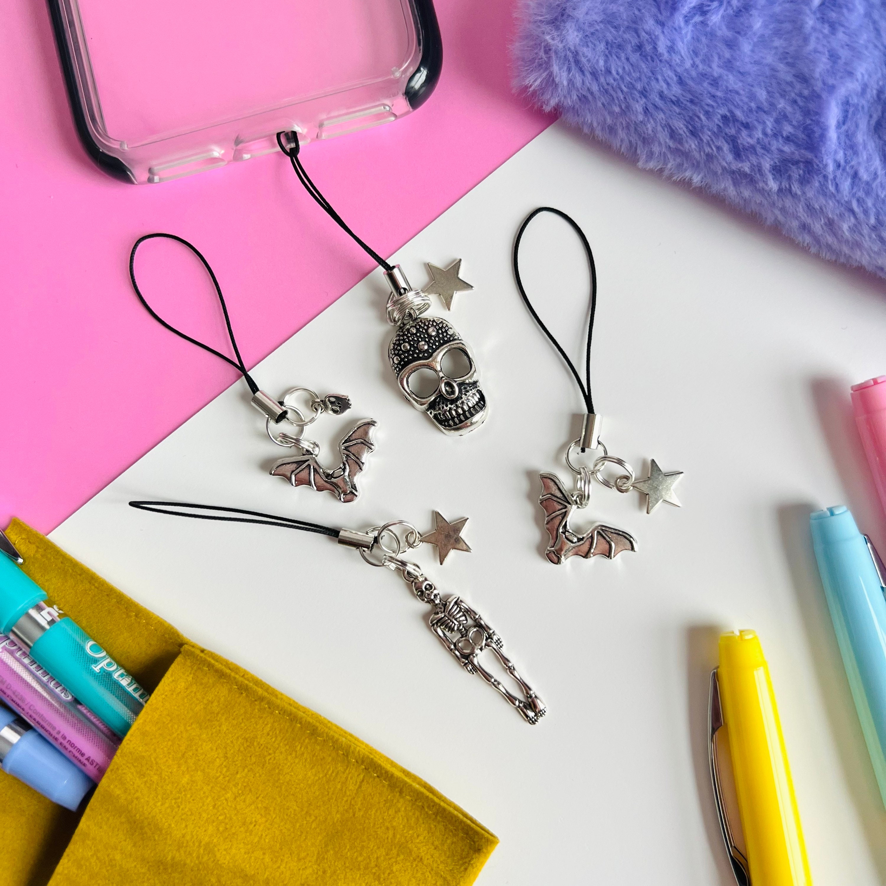 Cellphone Charm GOTH GIRL CUTE Skull, Skeleton and Bat Charms for Phone ...