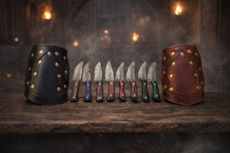 Handmade Damascus Steel Knife Leather Wrist Cuff Sheath Viking Medieval ...