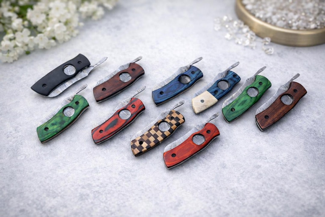Handmade Damascus Cigar Cutter – Folding Cigar Knife With Leather ...