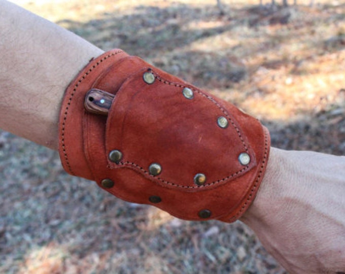 Handmade Brown Leather Wrist Cuff Sheath Engraved Hidden Wrist Band for ...