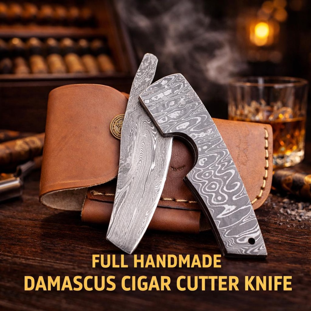 Damascus Steel Cigar Cutter Knife, Folding Design With Leather Case - Etsy