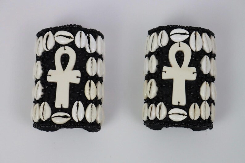 Black Cowrie Shell and Gye Nyame Cuff, Bracelet, Jewelry, African ...