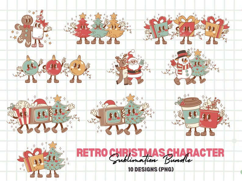 Retro Christmas Character PNG Bundle, Groovy Christmas Svg, Christmas ...
